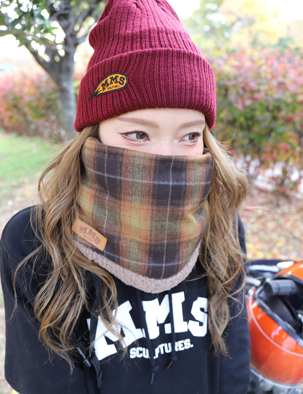 goodsショッピングサイト/商品詳細 [販売終了] ROBIN NECK WARMER /タータンチェック(ORANGE)&ブラウンファー